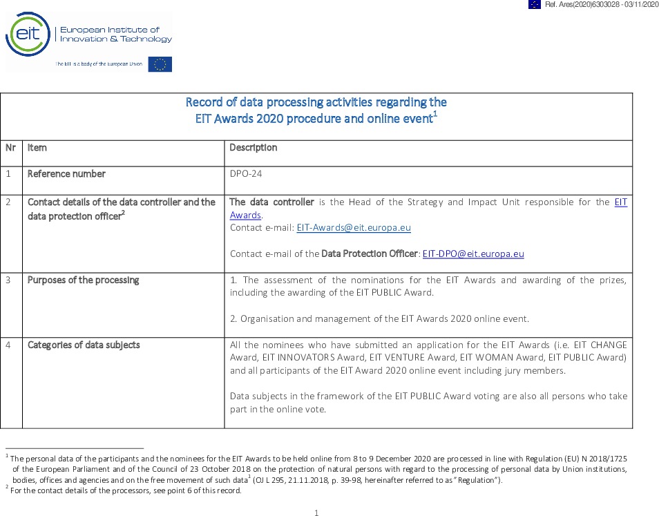 Record of data processing activities regarding the EIT Awards 2020 ...