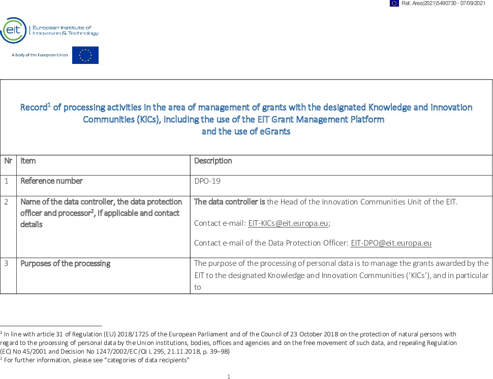 Record of processing activities in the area of management of grants ...